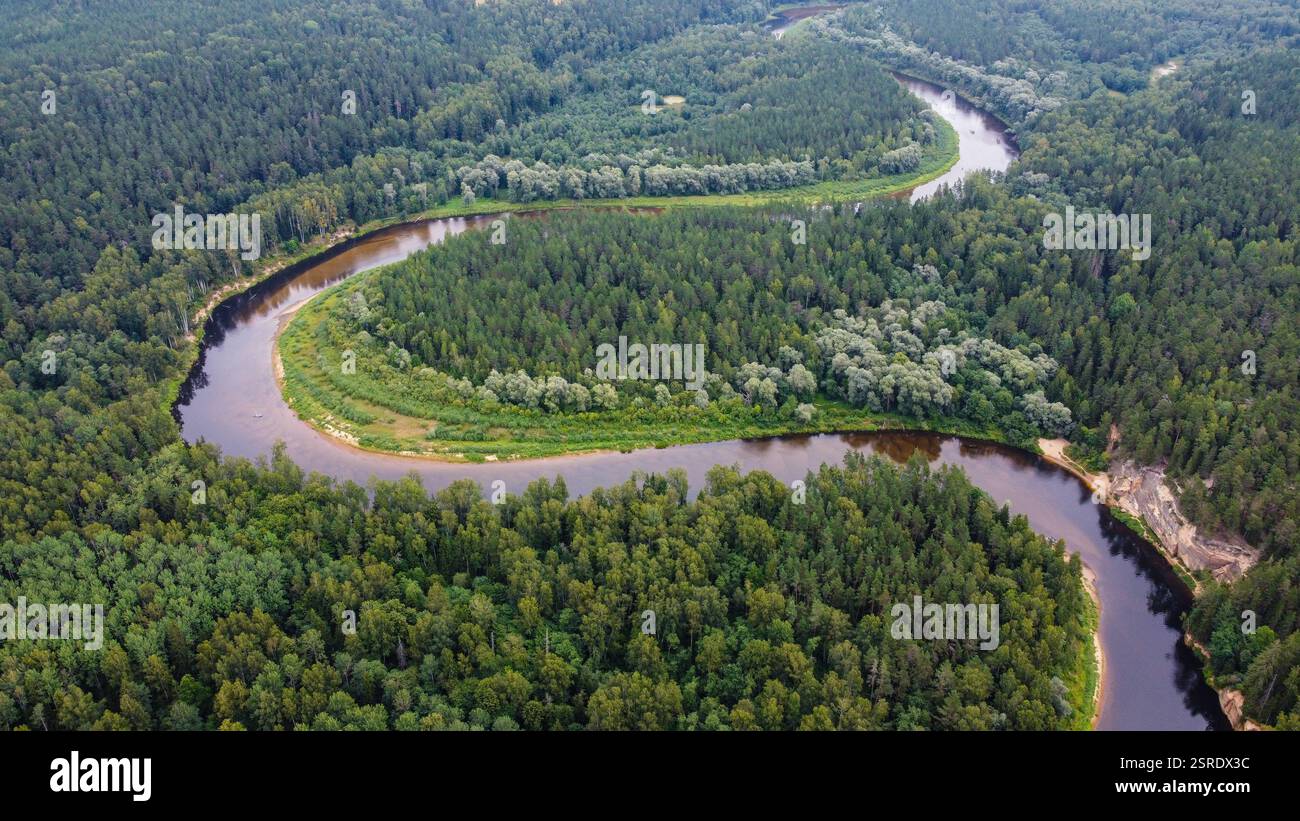 Aerial View of Meandering River Flowing Through Dense Green Forest Stock Photo - Alamy