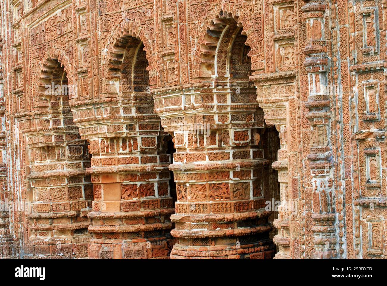 Terracotta artworks of Jor Bangla temple panels made of burnt clay shows figures and designs in ...