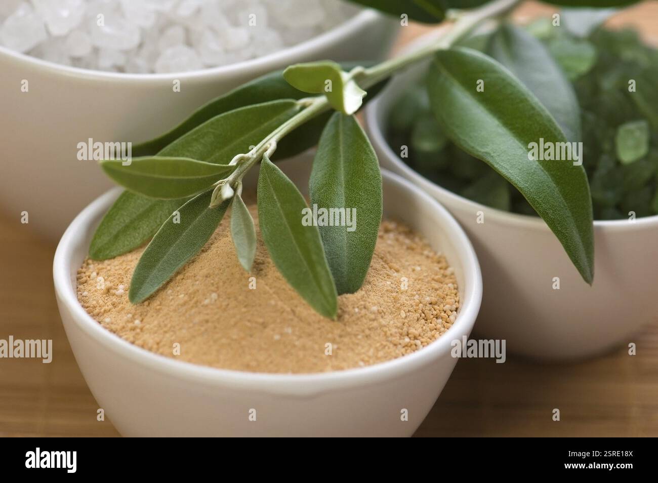 fresh olive branch and bath salt. spa Stock Photo - Alamy
