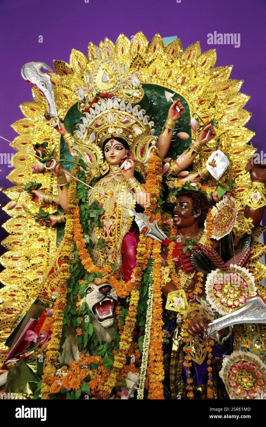 Durga Puja festival, goddess idol mounted on lion killing demon, India ...