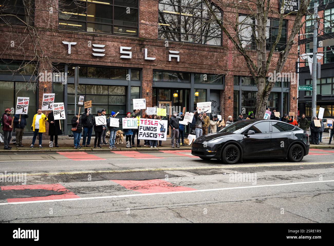 Seattle, USA. 15th Feb 2025. Activists gather during the Tesla Takeover ...