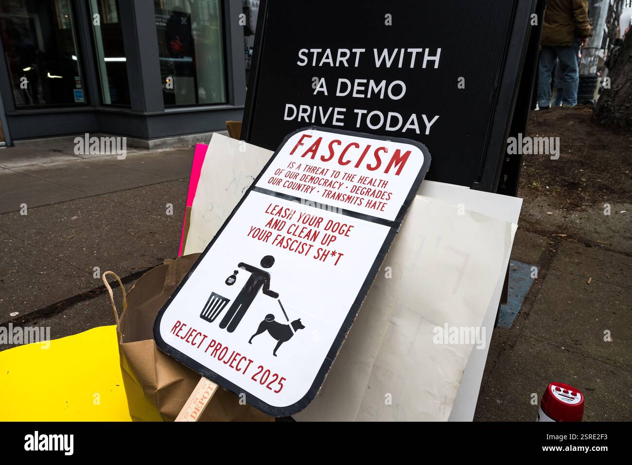 Seattle, USA. 15th Feb 2025. Activists gather during the Tesla Takeover ...