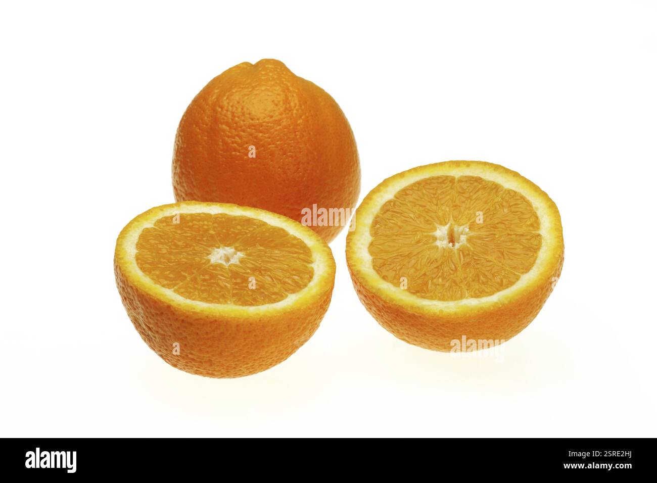 One full orange and two cut pieces citrus reticulata clementin rutaceae ...