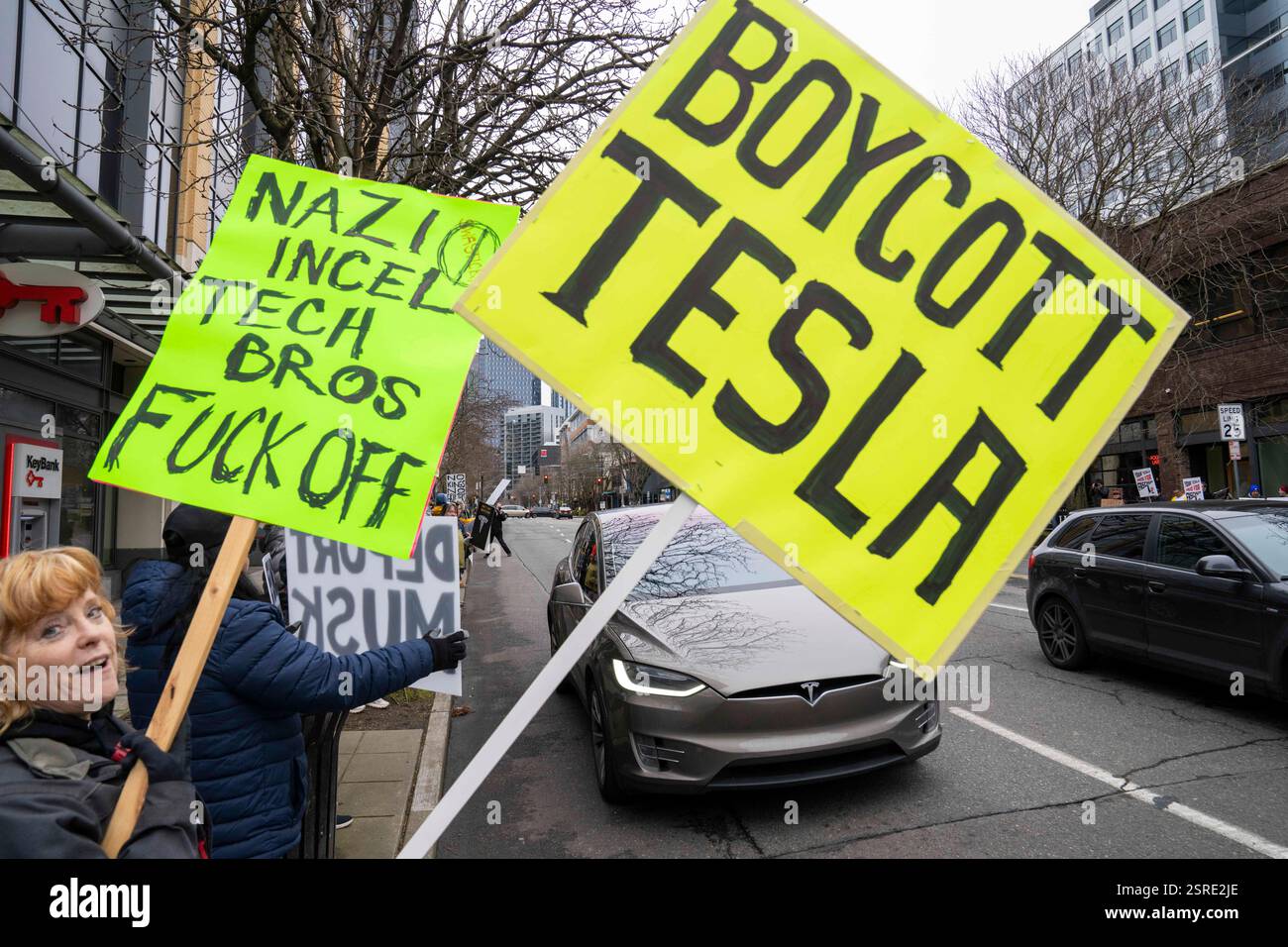 Seattle, Washington, USA. 15th Feb, 2025. People protest against Elon ...