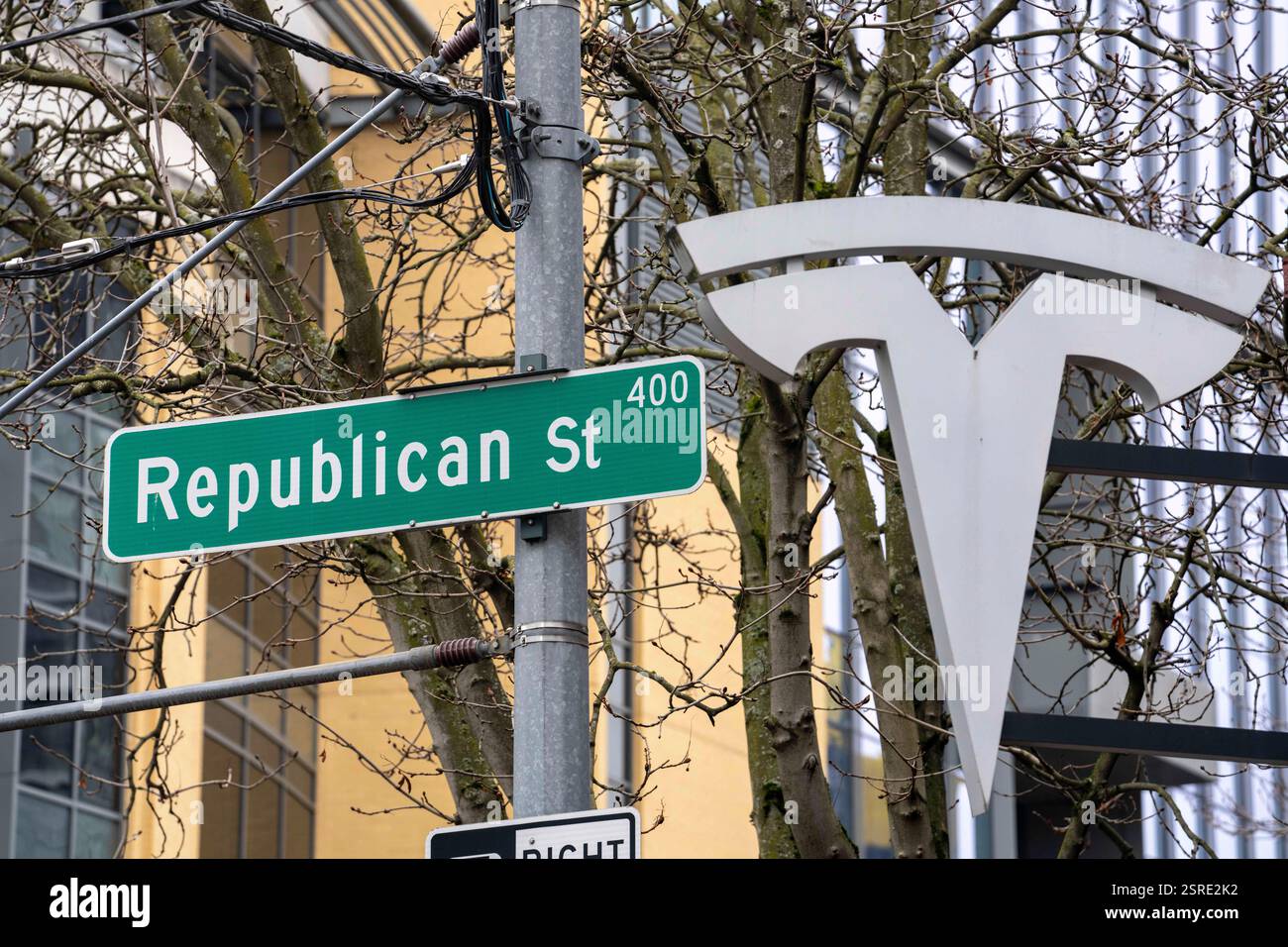 Seattle, Washington, USA. 15th Feb, 2025. A Tesla company logo is ...