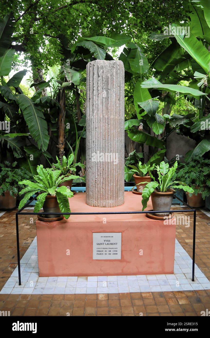 Jardin Majorelle, botanical garden in Marrakech, column in a memorial ...