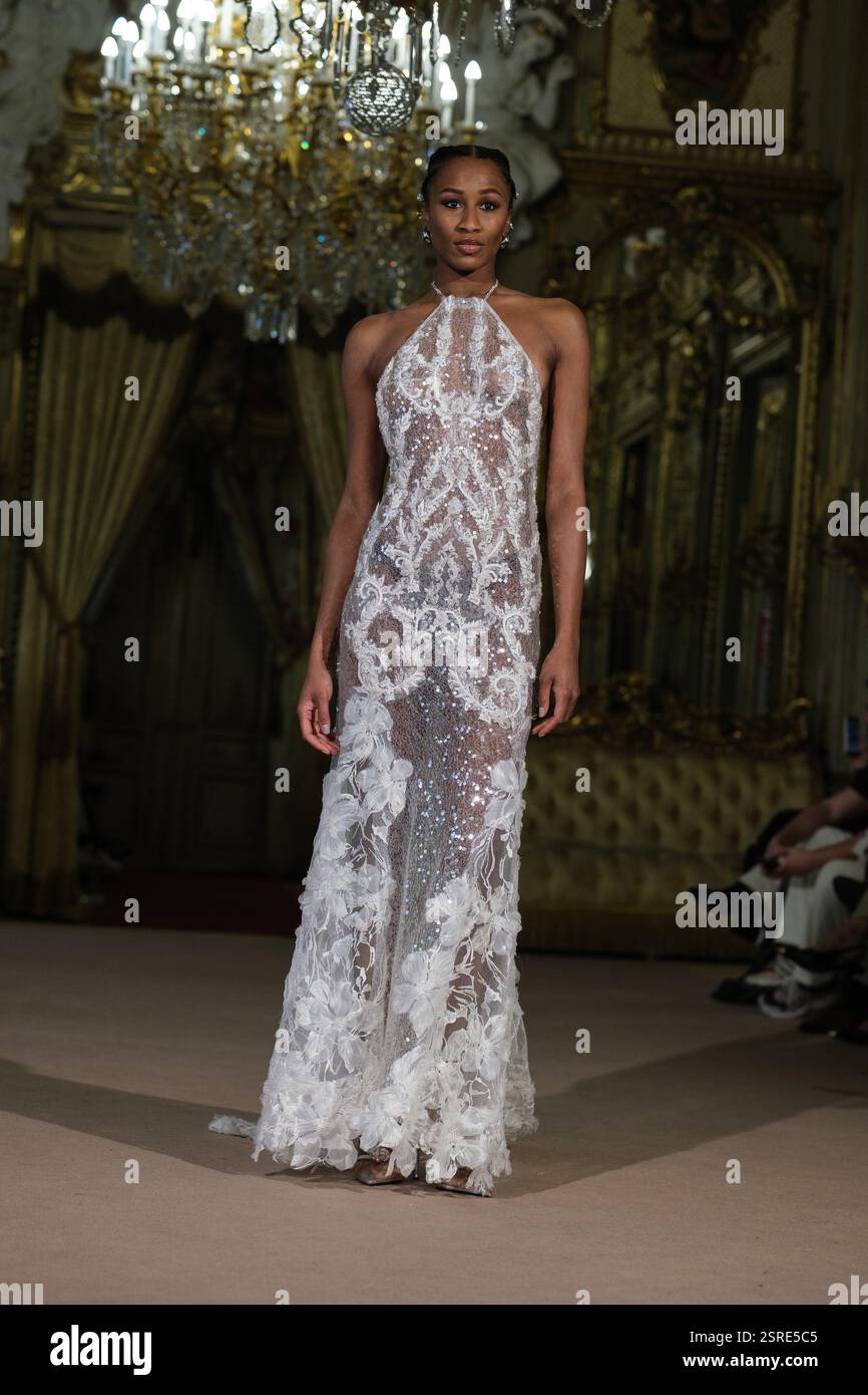 Madrid, Spain. 15th Feb, 2025. A model parades with Adlib Ibiza in Madrid es Moda design during ...