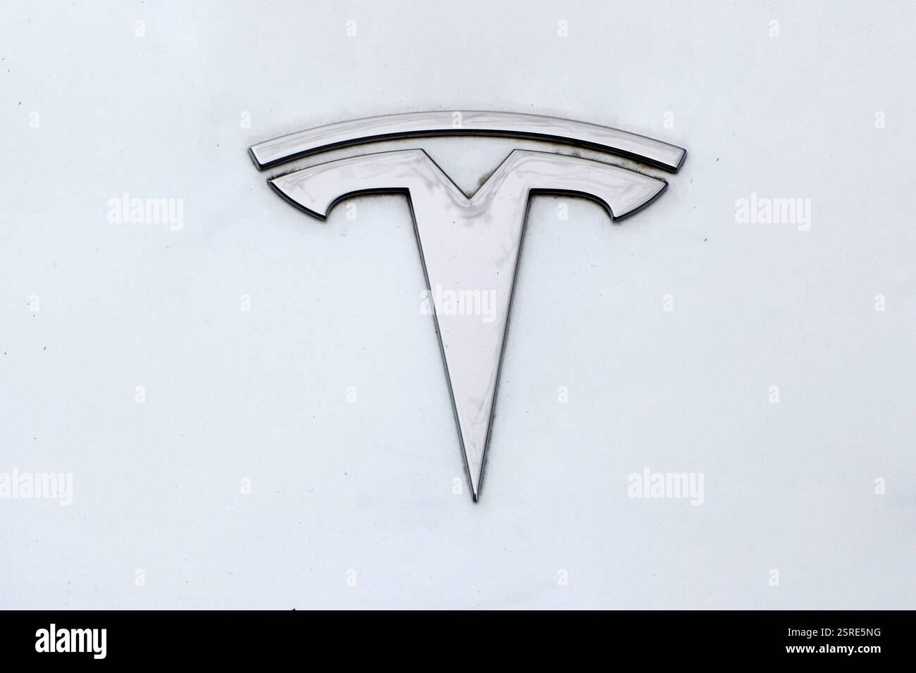 Elektromobilität auf Deutschlands Straßen. Das Logo der Marke TESLA von ...