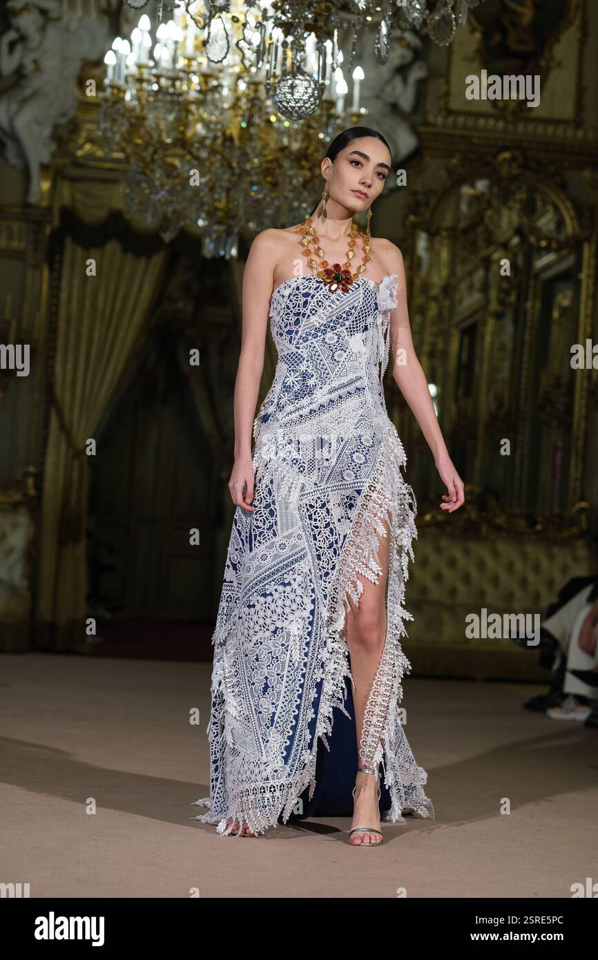 Madrid, Spain. 15th Feb, 2025. A model parades with Adlib Ibiza in Madrid es Moda design during ...
