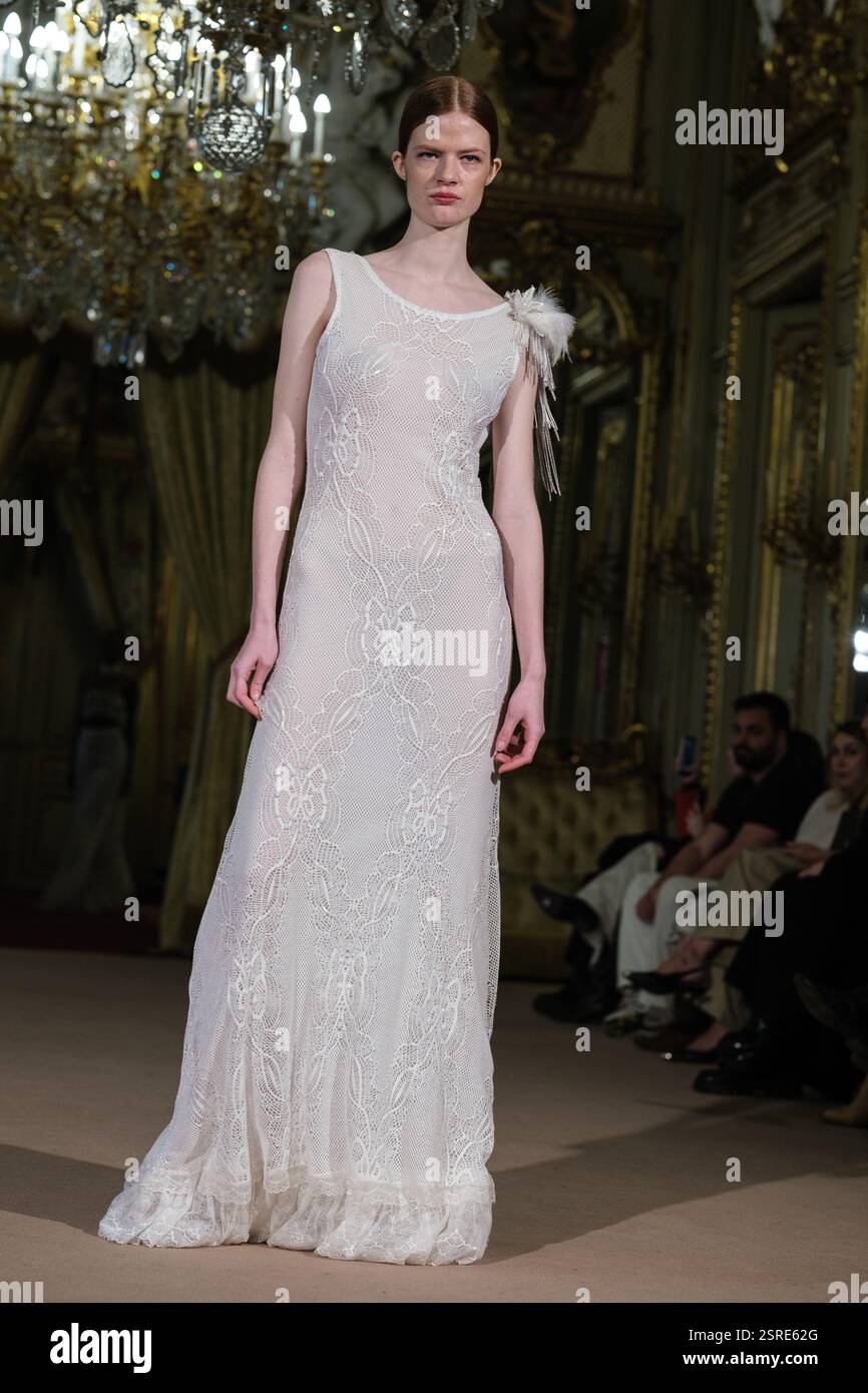 Madrid, Spain. 15th Feb, 2025. A model parades with Adlib Ibiza in Madrid es Moda design during ...