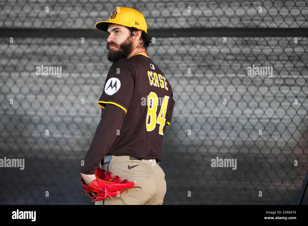 San Diego Padres pitcher Dylan Cease stands in the bullpen during ...