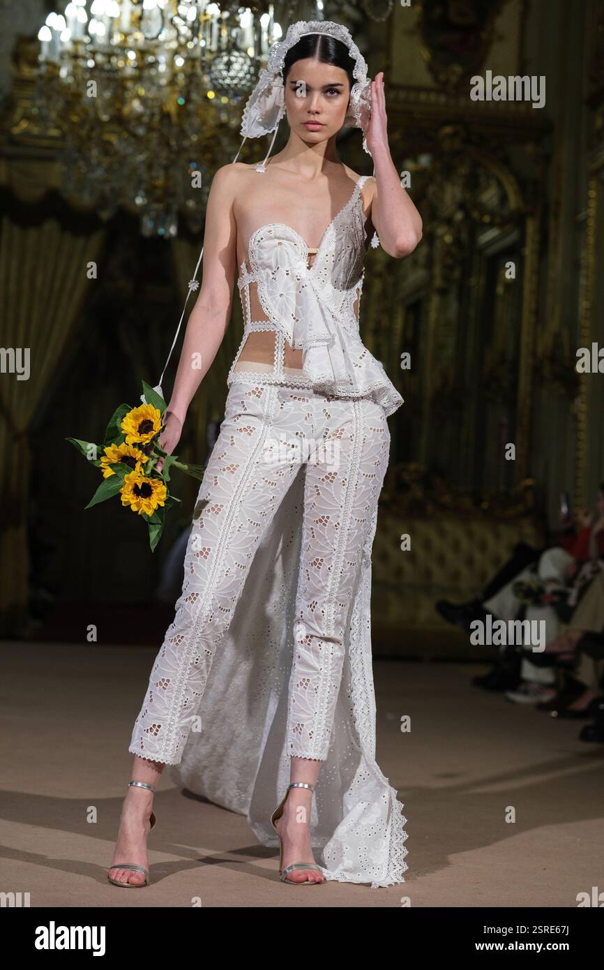 Madrid, Spain. 15th Feb, 2025. A model parades with Adlib Ibiza in Madrid es Moda design during ...