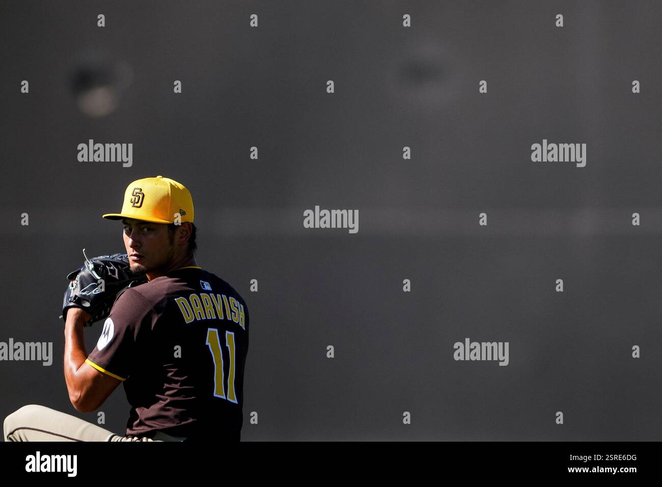 San Diego Padres pitcher Yu Darvish warms up on the field during spring ...