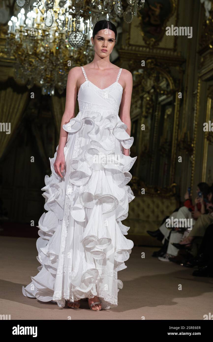 Madrid, Spain. 15th Feb, 2025. A model parades with Adlib Ibiza in Madrid es Moda design during ...