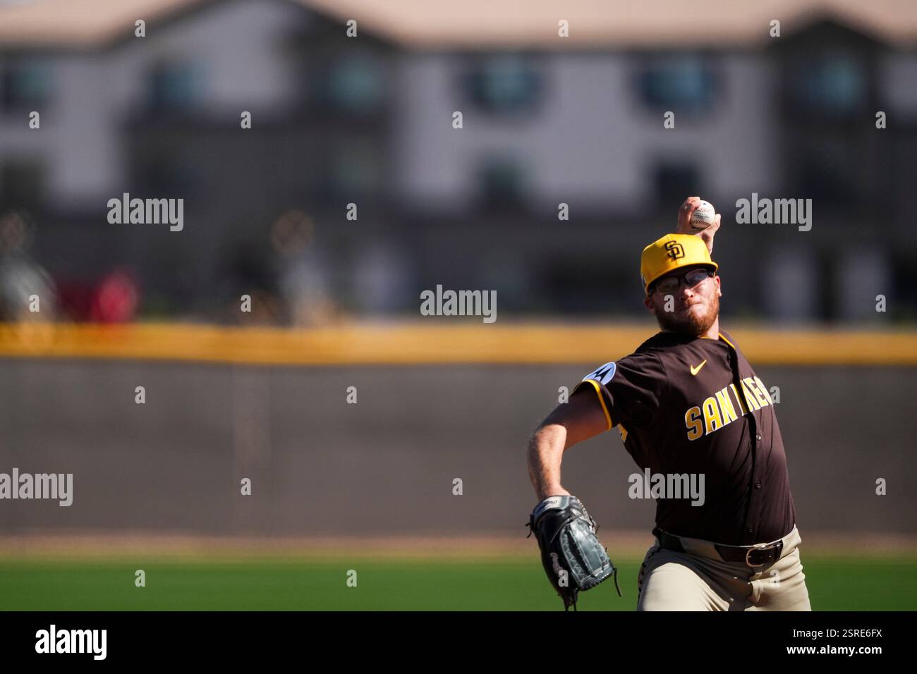 San Diego Padres pitcher Jake Higginbotham throws during a live batting ...