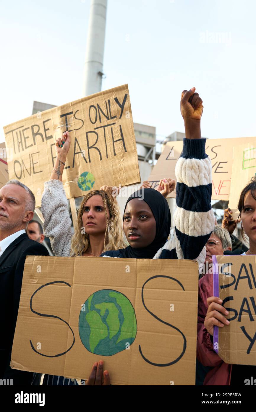 Group diverse activists people at demonstration against pollution ...