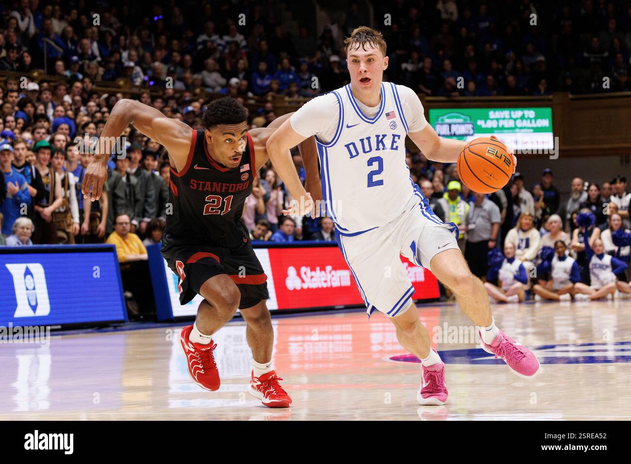 Duke's Cooper Flagg (2) handles the ball ahead of Stanford's Jaylen ...
