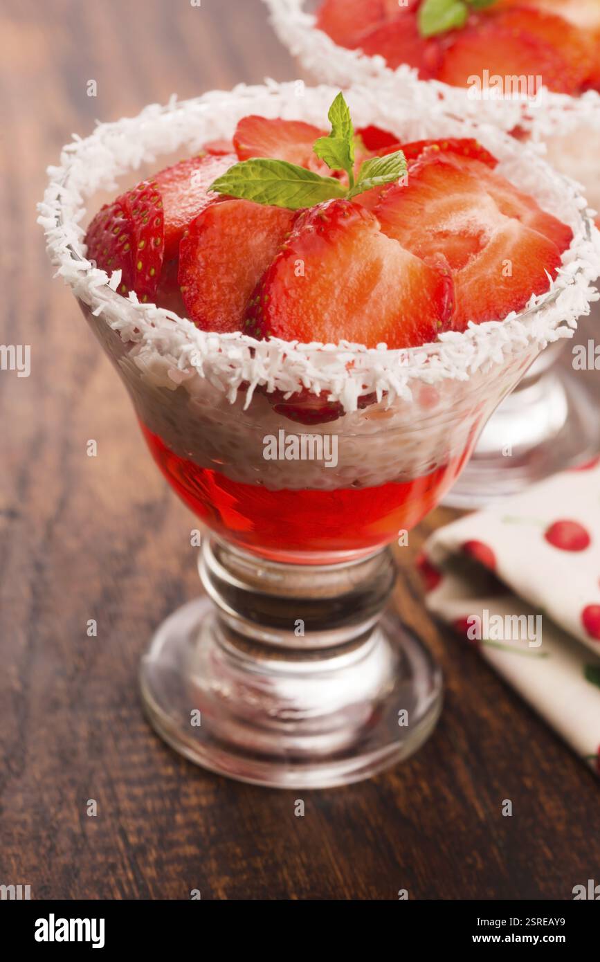 A serving of strawberry over tapioca and jelly Stock Photo - Alamy