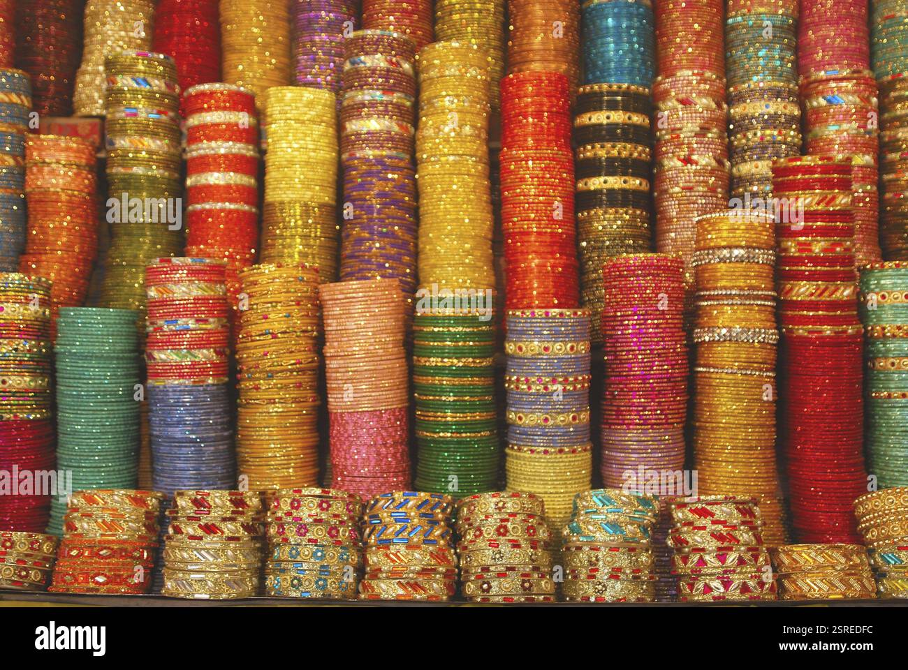 Glass bangles of different colours in shop, Lucknow, Uttar Pradesh ...