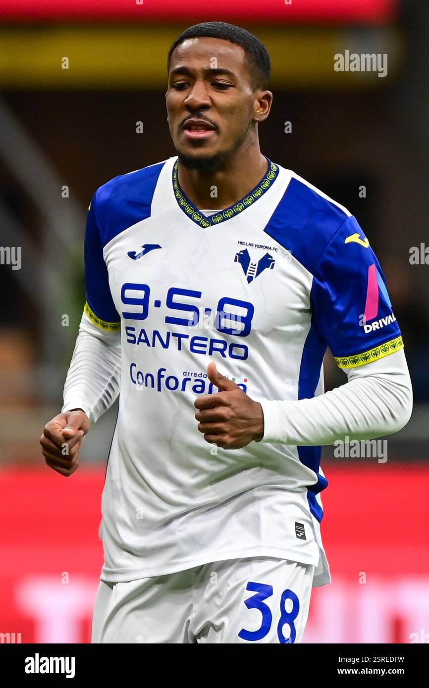 Hellas Verona's Belgian midfielder #38 Jackson Tchatchoua looks on ...