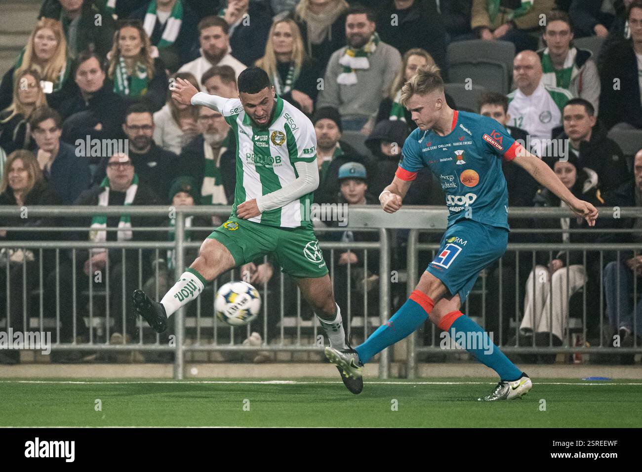 Stockholm, Sverige. 15th Feb, 2025. 250215 Hammarbys Abdelrahman Boudah Saidi och Varbergs Edvin ...