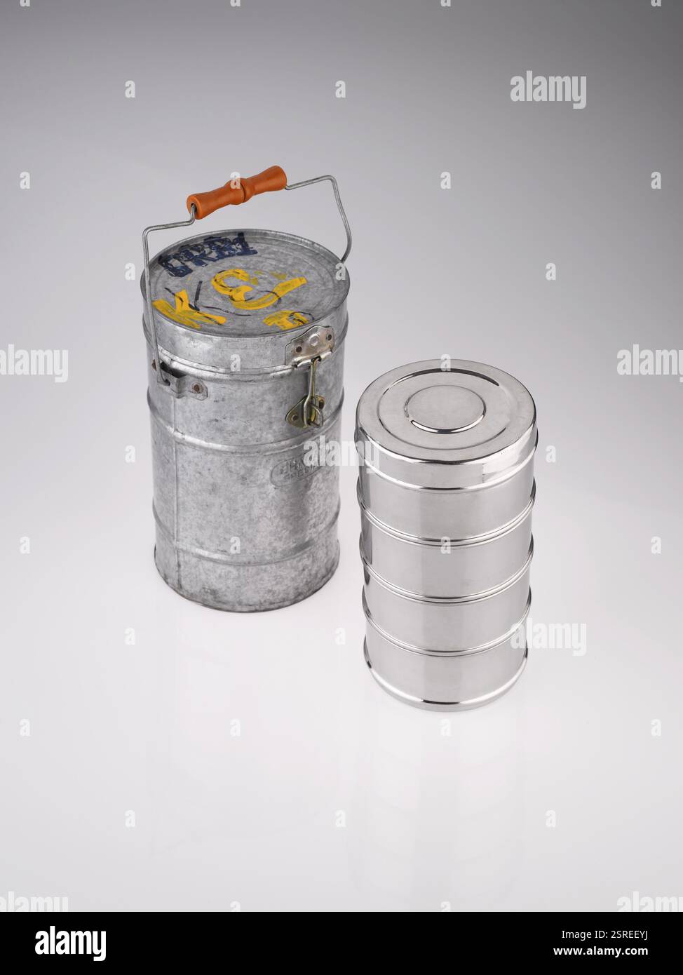 Stainless steel Tiffin box with container on gray background Stock ...
