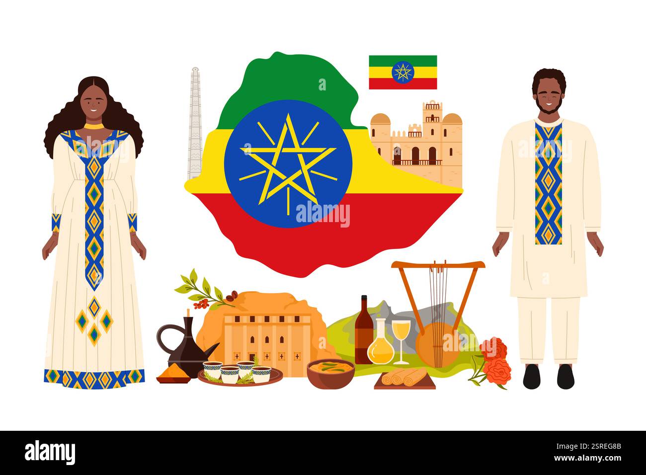 Travel to Ethiopia set, infographic collage with big Ethiopian flag and ...