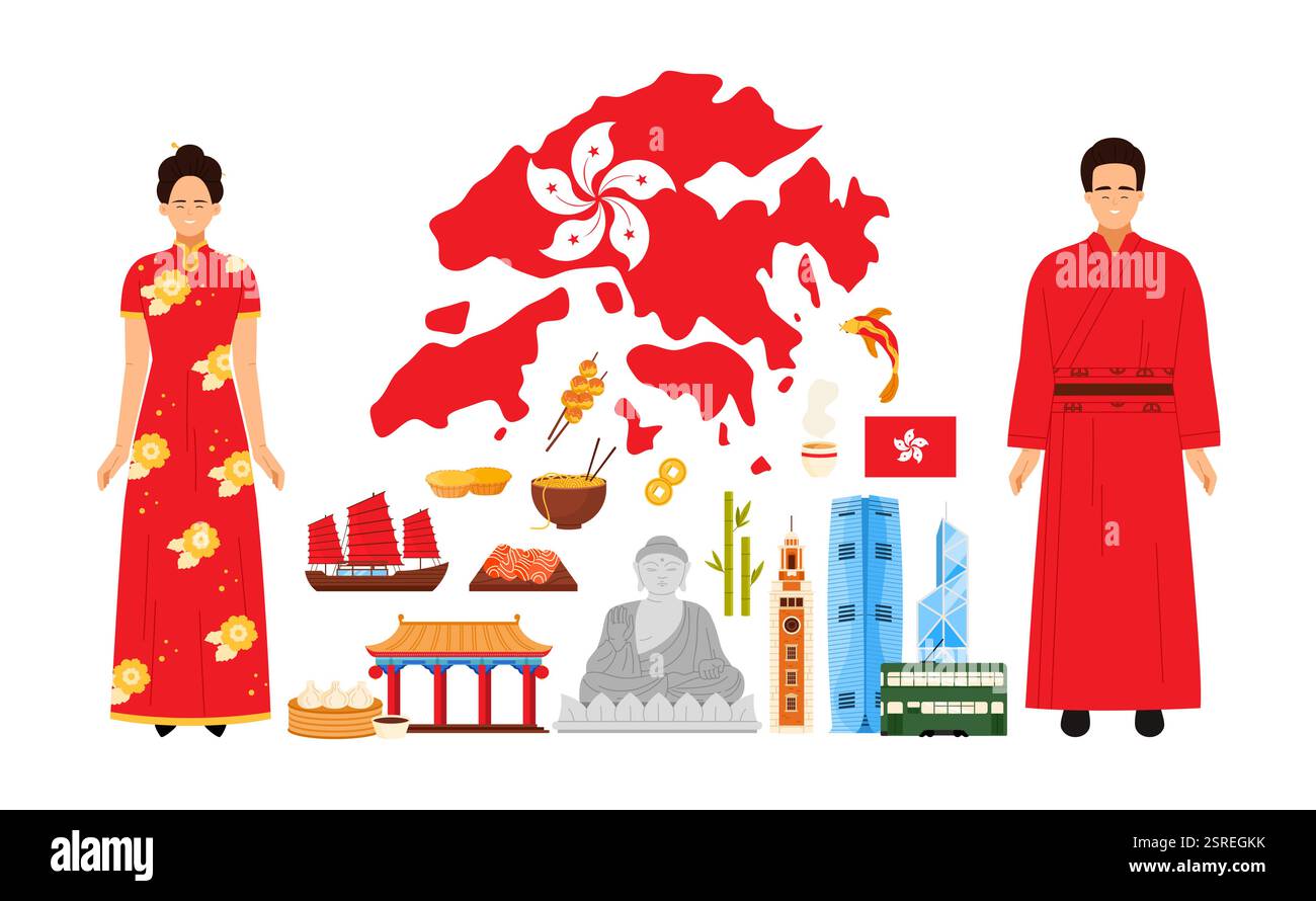 Hong Kong culture elements and objects, old and modern landmarks, smiling people in traditional ...