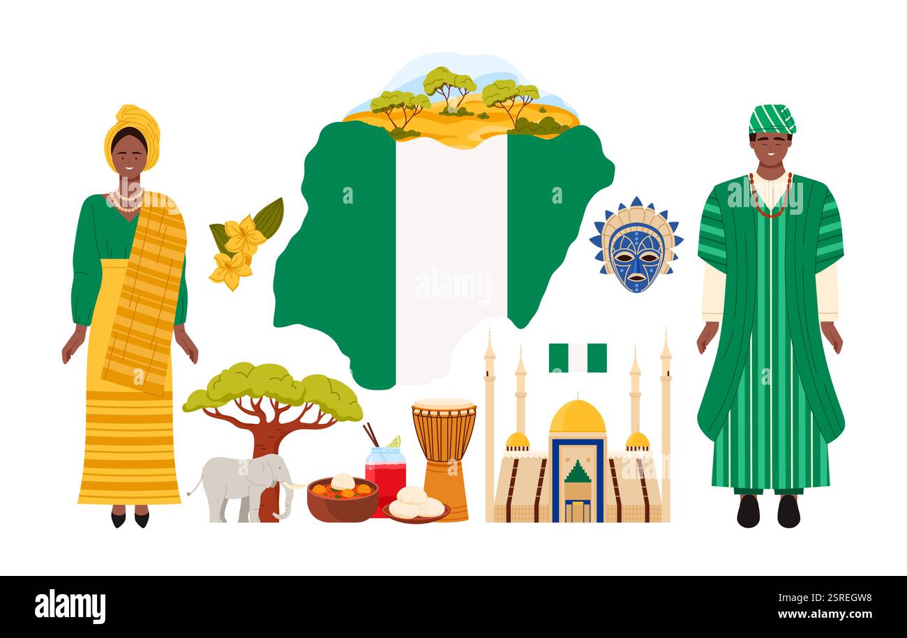 Travel to Nigeria, infographic collage poster of tourism. Nigerian man ...