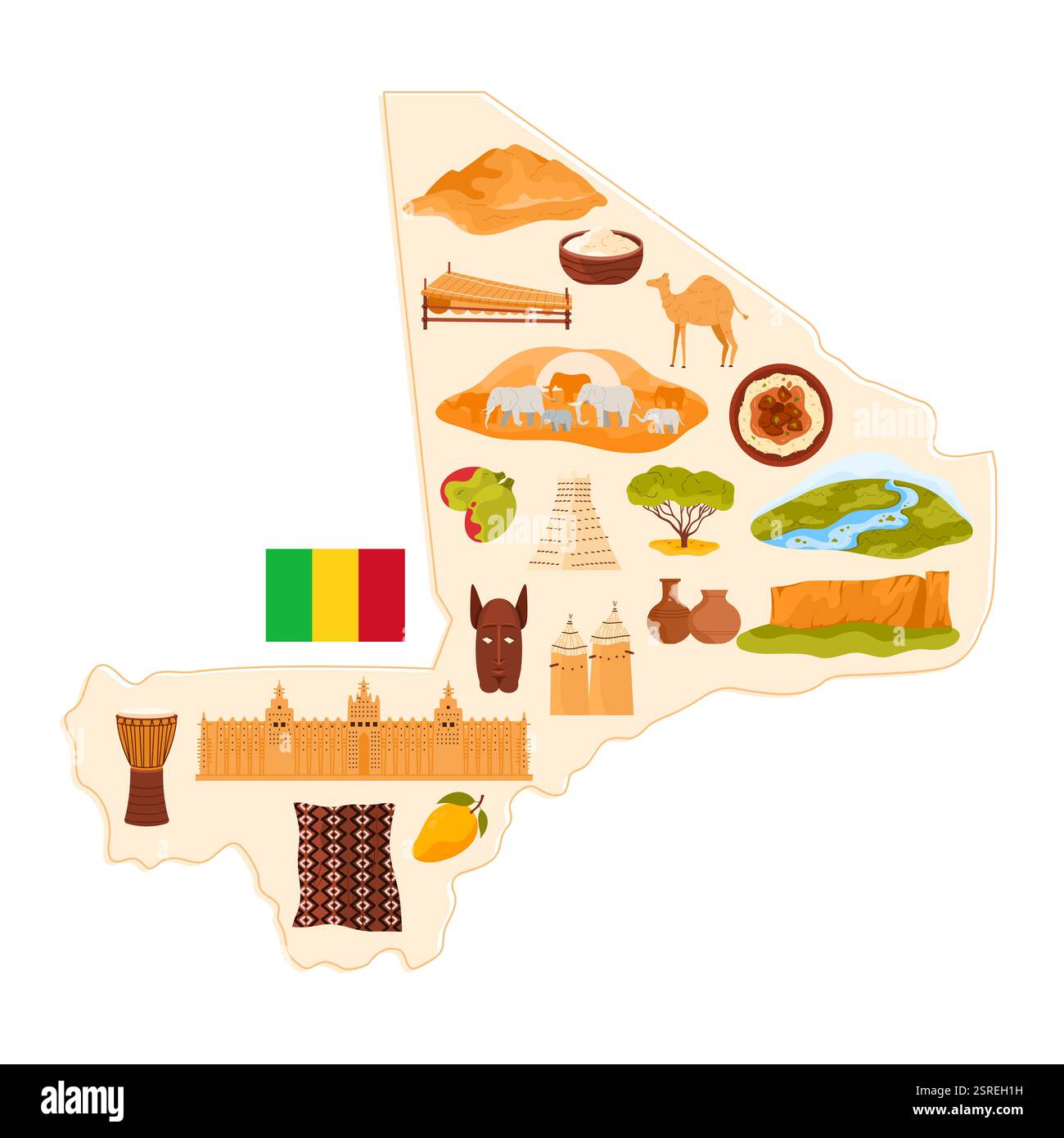 Travel to Mali set, Mosques and culture landmarks, food and flag on ...