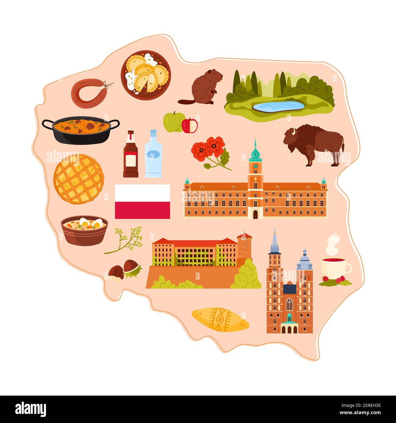 Poland culture elements and landmarks, animal in nature on stylized ...