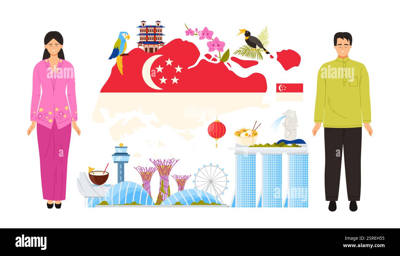 A representation of Singapore iconic landmarks, traditional attire, and ...