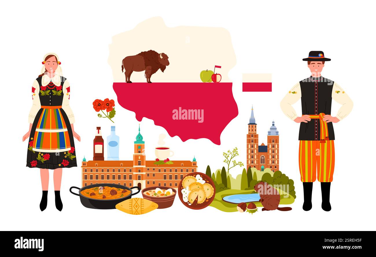 Poland culture elements and landmarks, old architecture, Polish man and ...