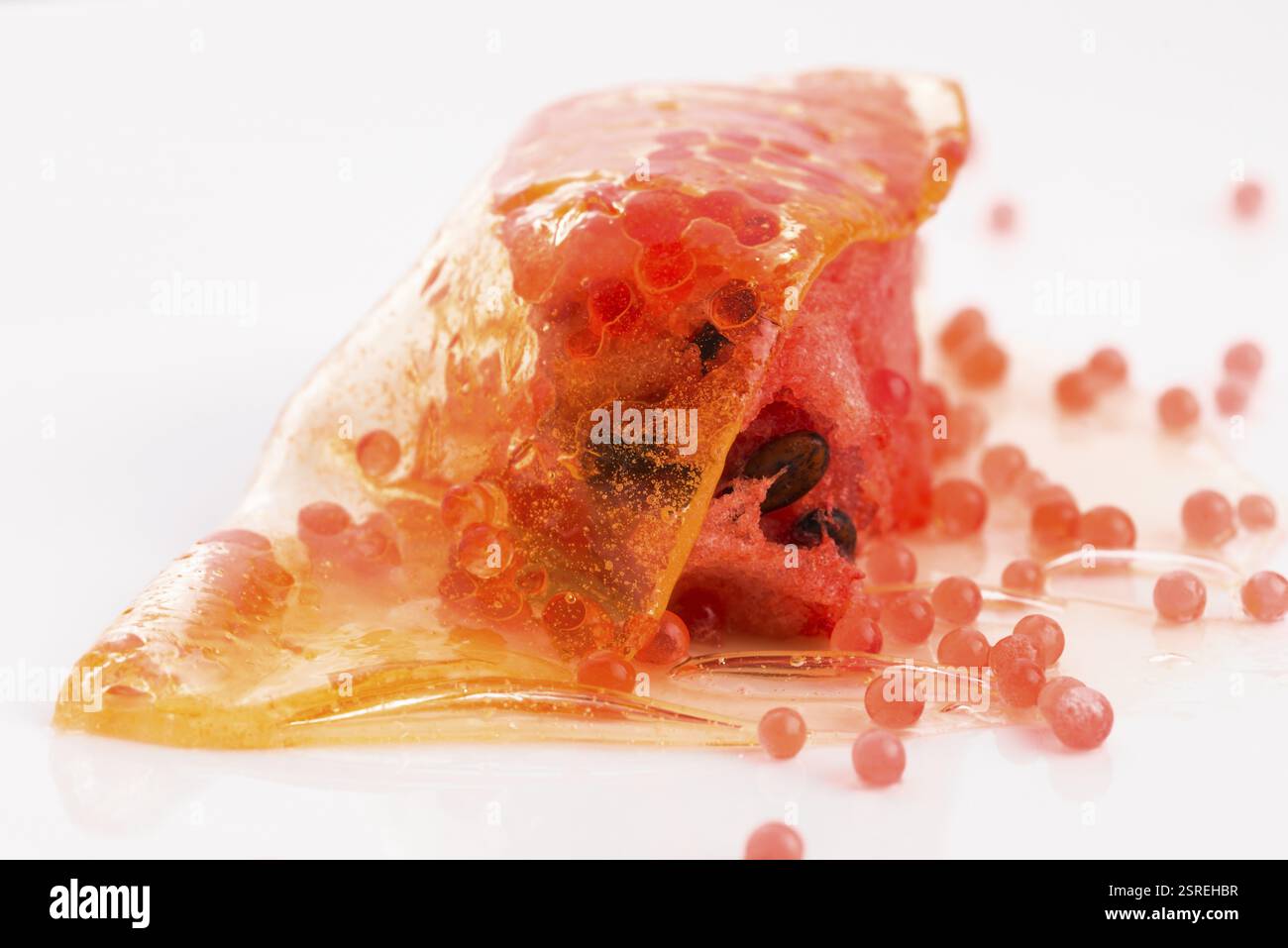 Honey wrap with watermelon and strawberry caviar - molecular gastronomy ...