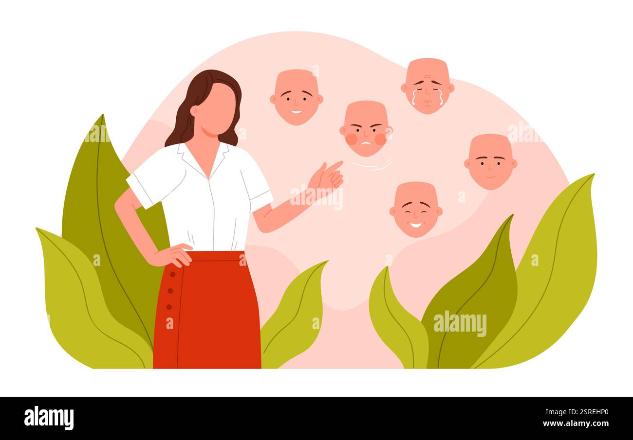 Hypocrisy, dishonesty of person with fake emotions, false identity ...