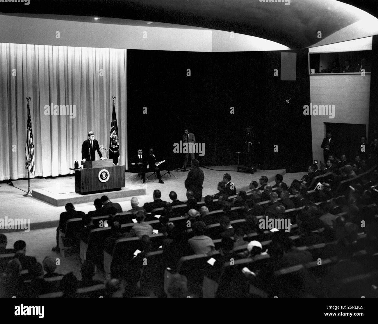 John F Kennedy giving Press Conference, State Department Auditorium ...