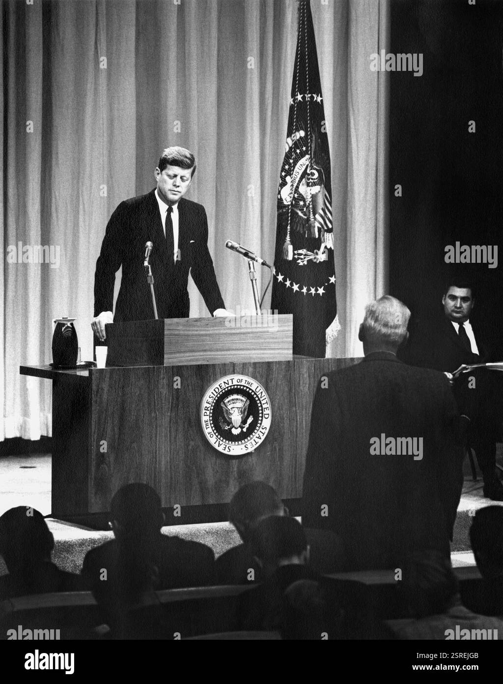 John F Kennedy giving Press Conference, State Department Auditorium ...