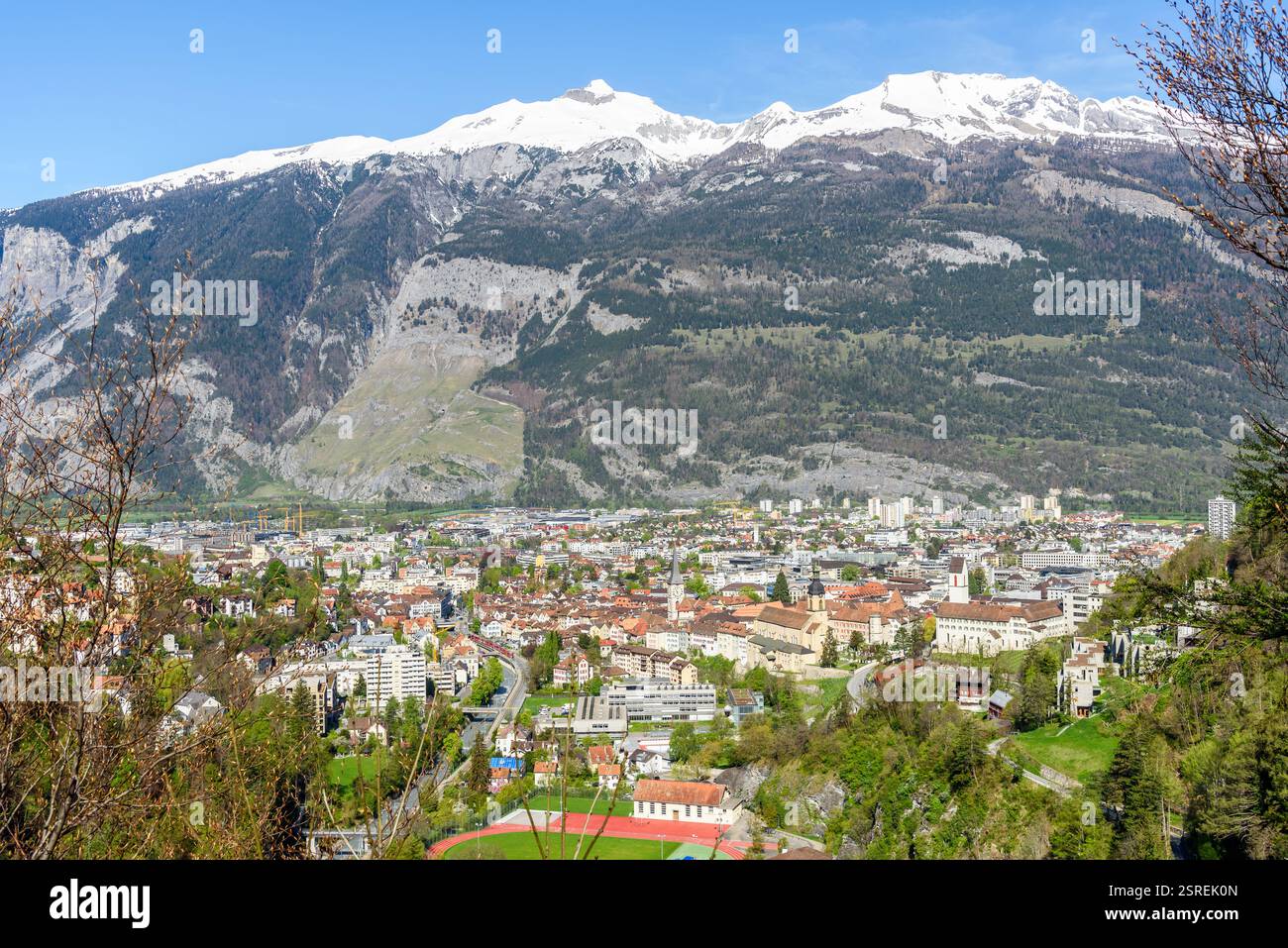 View form above of Chur, Swiss Canton of Grison, overlloked by a ...