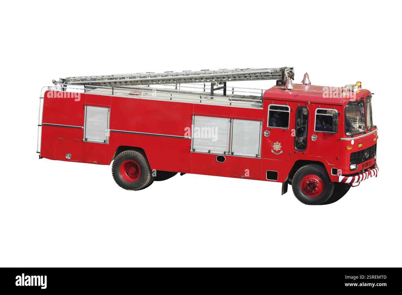 Fire brigade fire engine on white background Stock Photo - Alamy