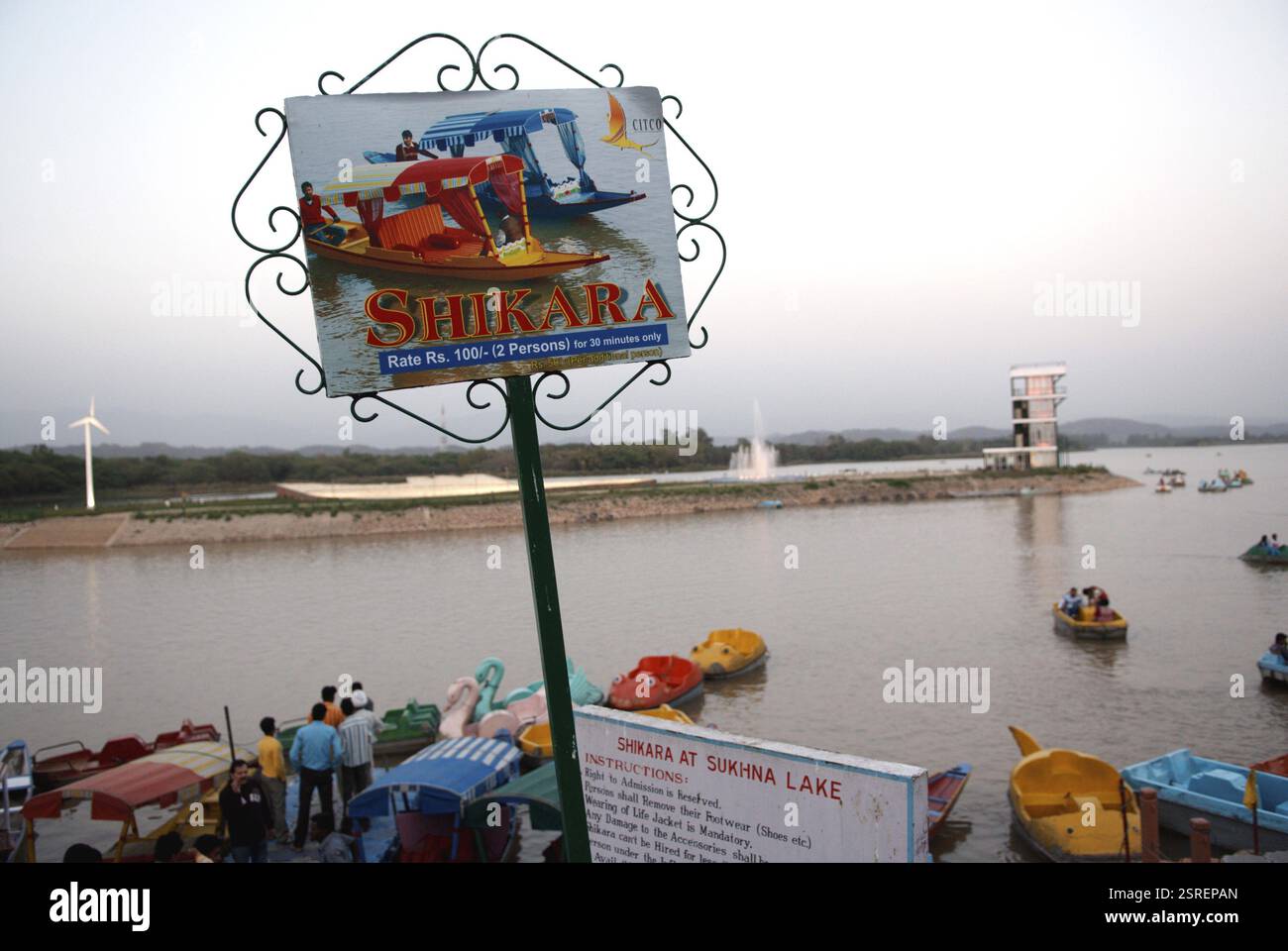 Signboard showing shikara at Sukna Lake, Chandigarh, India Union ...