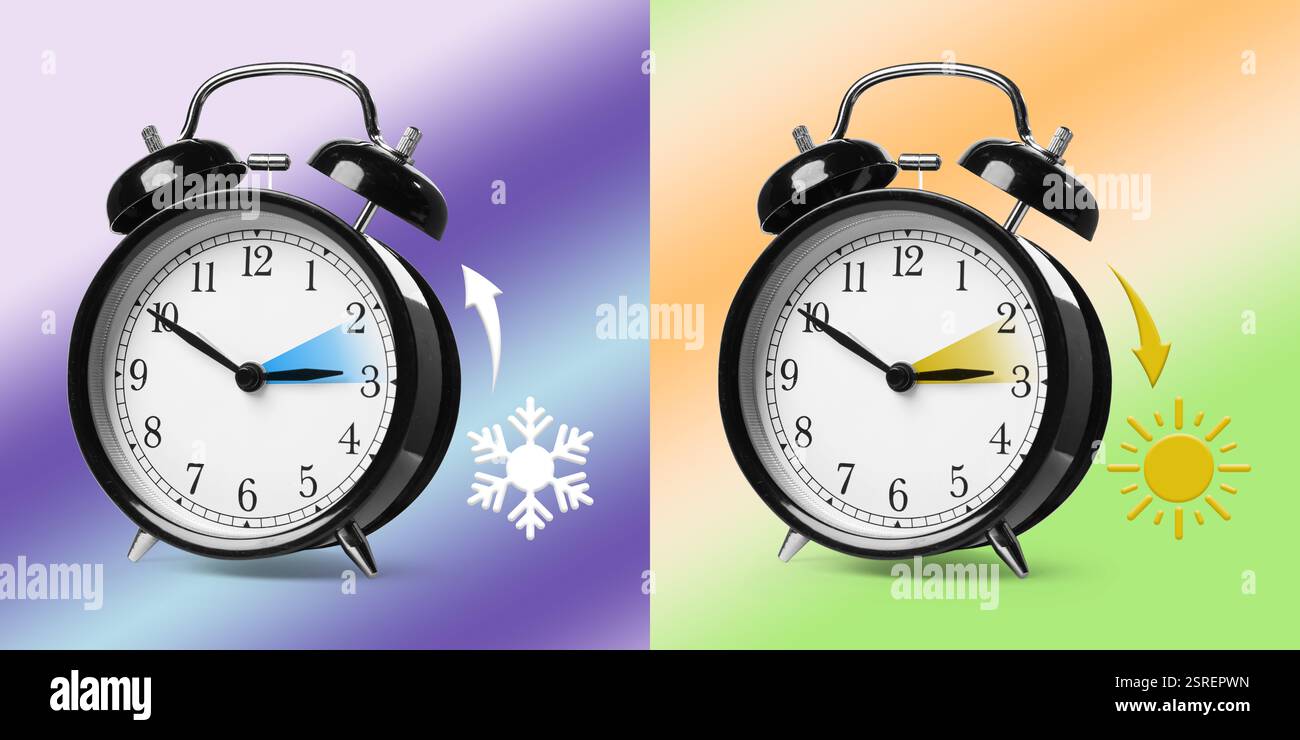 Daylight saving time. Black alarm clocks on color background, collage ...
