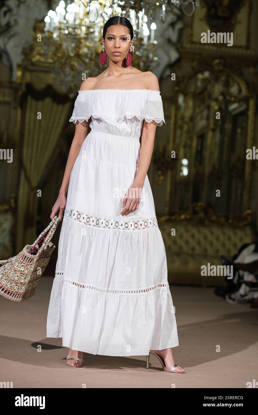 Madrid, Spain. 15th Feb, 2025. A model parades with Adlib Ibiza in Madrid es Moda design during ...