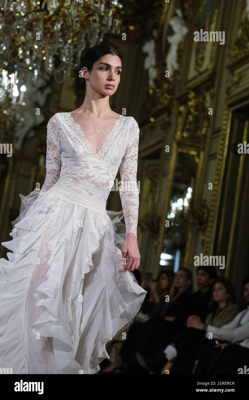 Madrid, Spain. 15th Feb, 2025. A model parades with Adlib Ibiza in Madrid es Moda design during ...