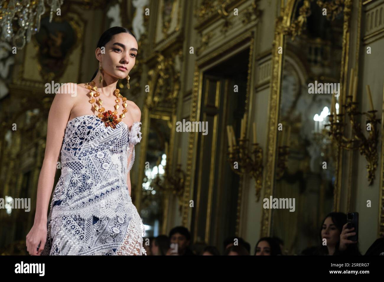 Madrid, Spain. 15th Feb, 2025. A model parades with Adlib Ibiza in Madrid es Moda design during ...