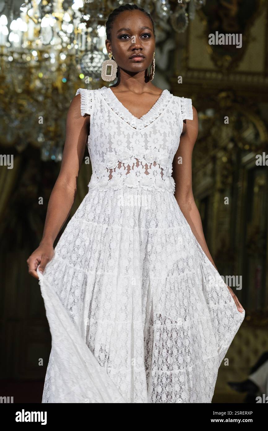 Madrid, Spain. 15th Feb, 2025. A model parades with Adlib Ibiza in Madrid es Moda design during ...
