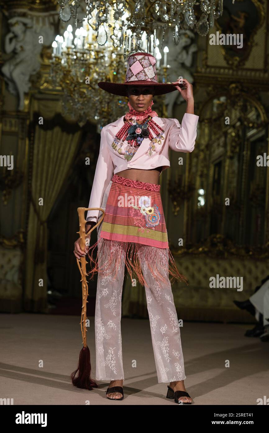 Madrid, Spain. 15th Feb, 2025. A model parades with Adlib Ibiza in Madrid es Moda design during ...