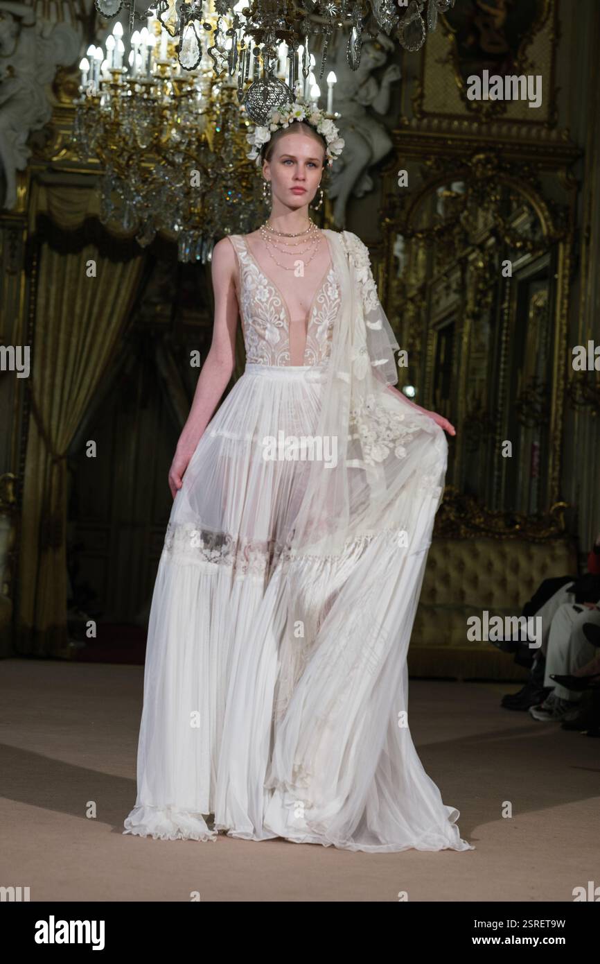 Madrid, Spain. 15th Feb, 2025. A model parades with Adlib Ibiza in Madrid es Moda design during ...