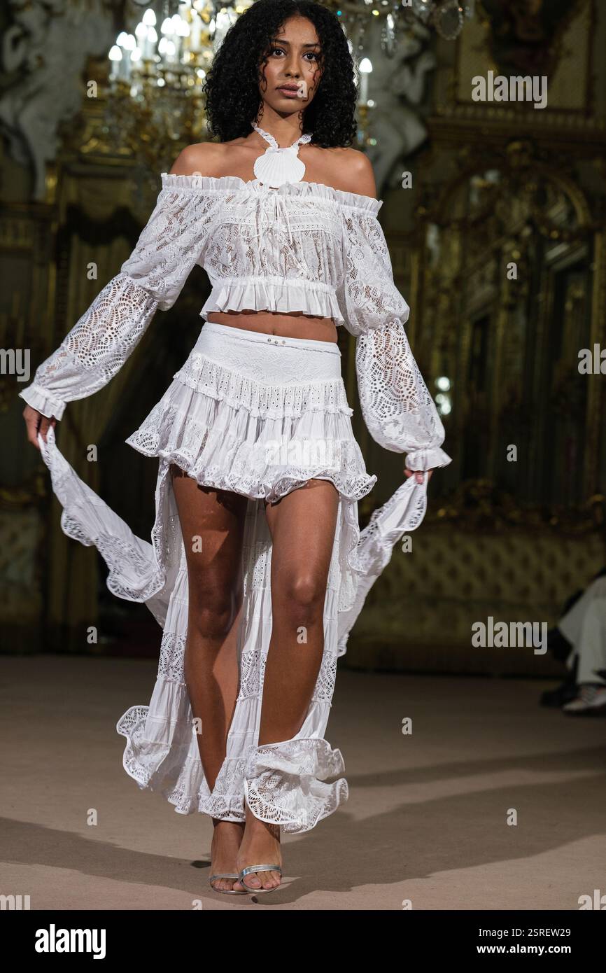 Madrid, Spain. 15th Feb, 2025. A model parades with Adlib Ibiza in Madrid es Moda design during ...