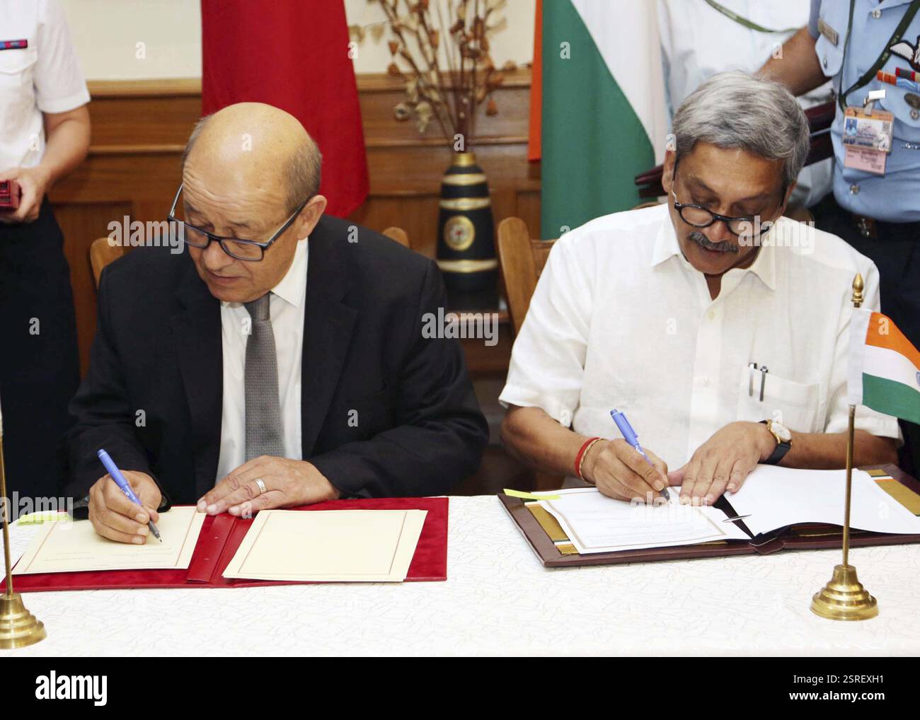 French defence minister Jean Yves le Drian Indian defence minister ...