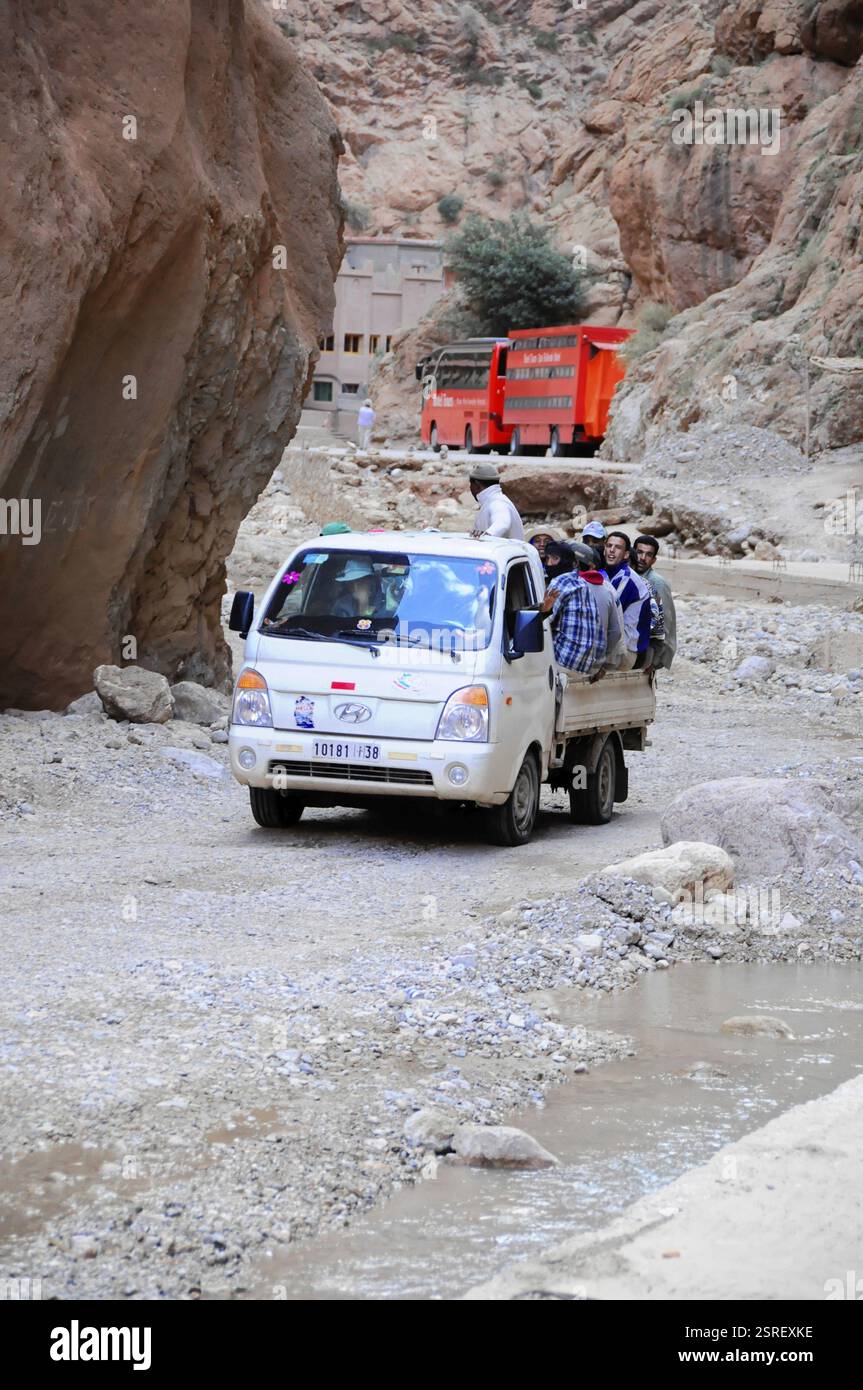 Todra Gorge, Todra Valley, High Atlas, Morocco, Lorry full of people on ...
